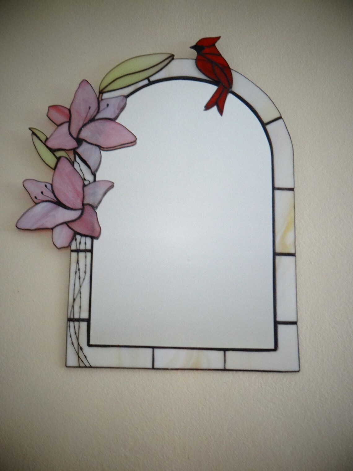 Lily and cardinal Mirror Stained glass panel Pink Hanging | Etsy