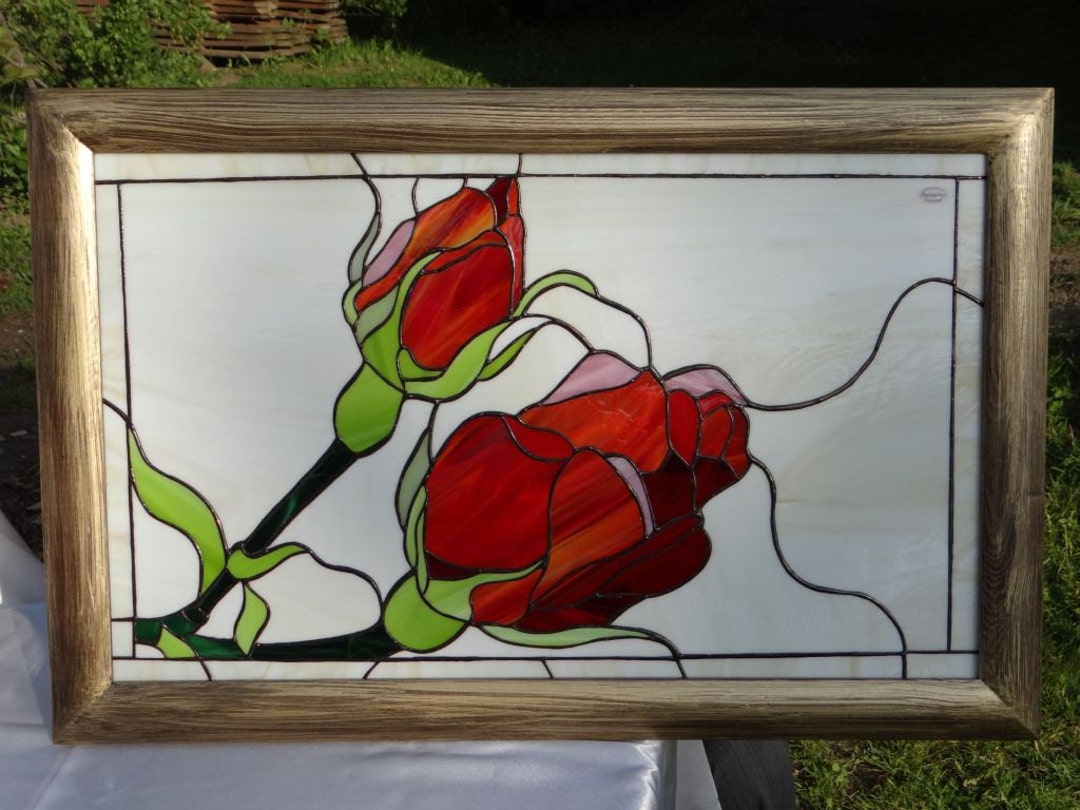 Roses Stained Glass Panel Handmade Glass Art Wall Hanging Wall ...