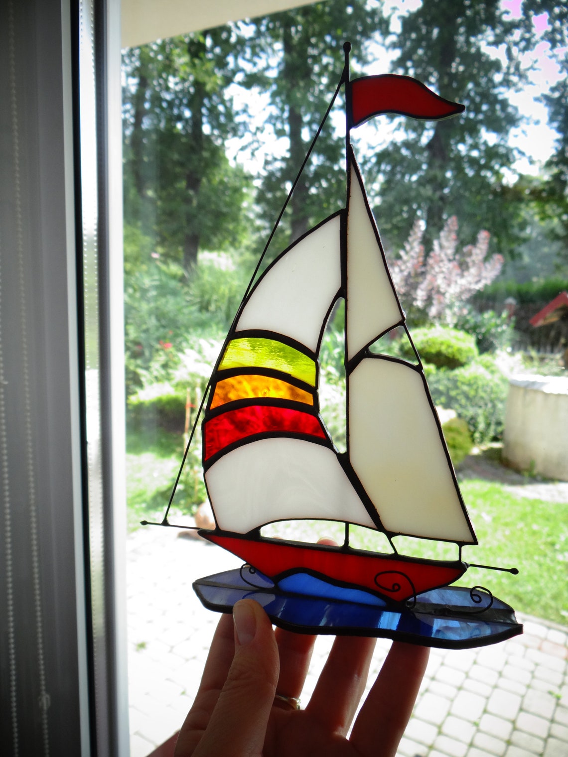 Sailboat Stained Glass Ship Statue Boat Glass Art Handmade - Etsy UK