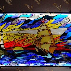 Sunset Stained Glass Panel Sea Sunset Sailing Ship Sunrise Large Panel ...