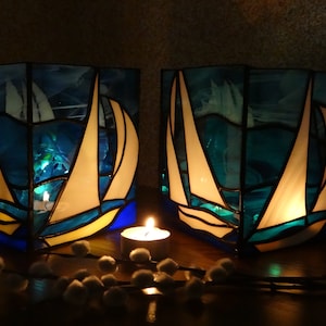 Sailboat Stained Glass Boat Candle Holder Light Box Lantern Handmade ...