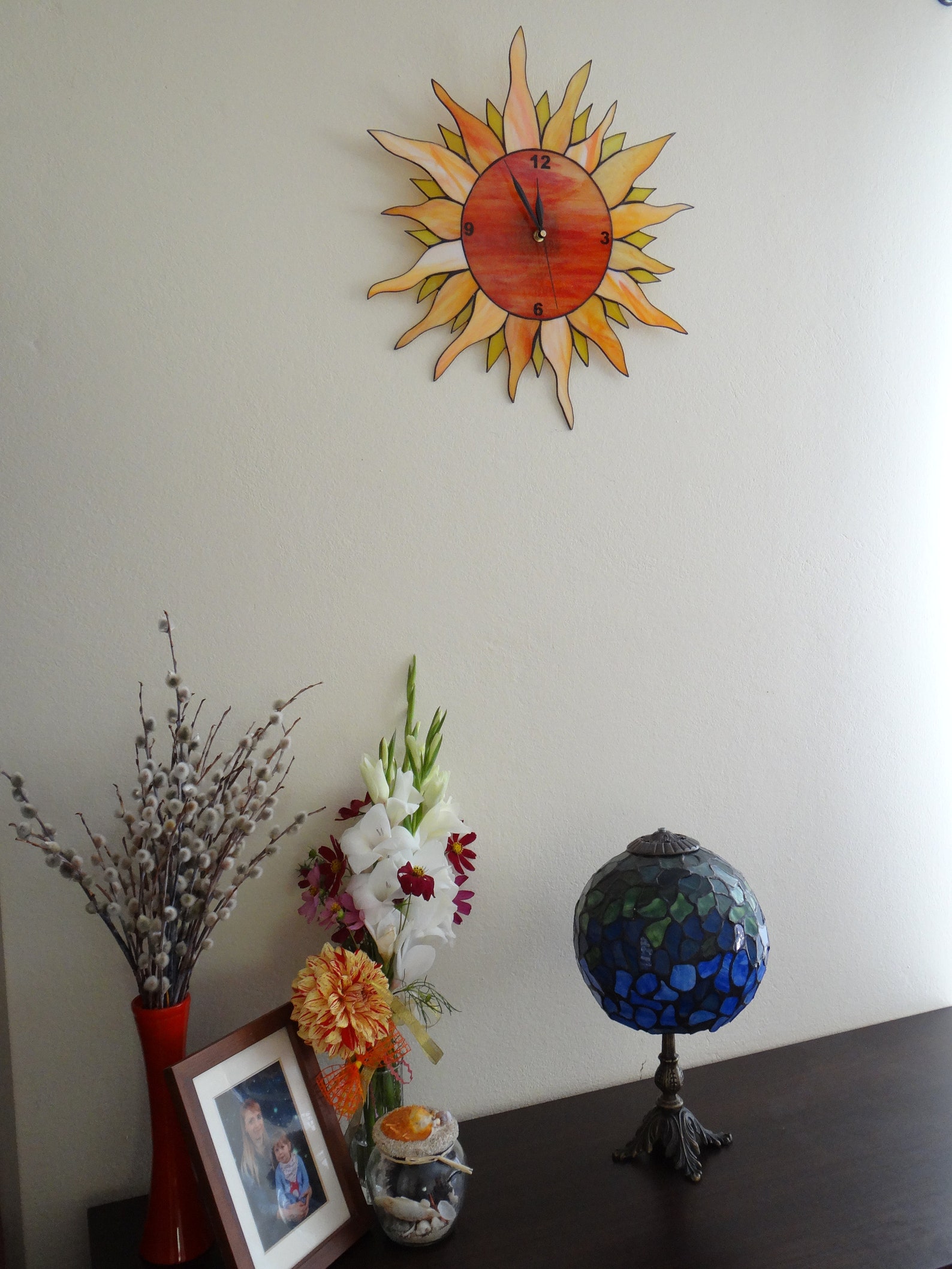 Sun Clock Sunny Large Wall Clock Stained Glass Wall Hanging | Etsy