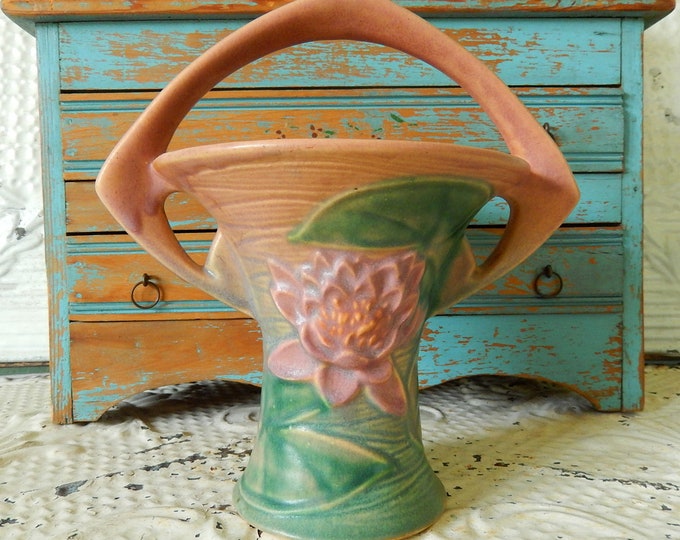 Vintage Roseville Water Lily Pottery Basket Vase With Handle ~ 380-8 ...