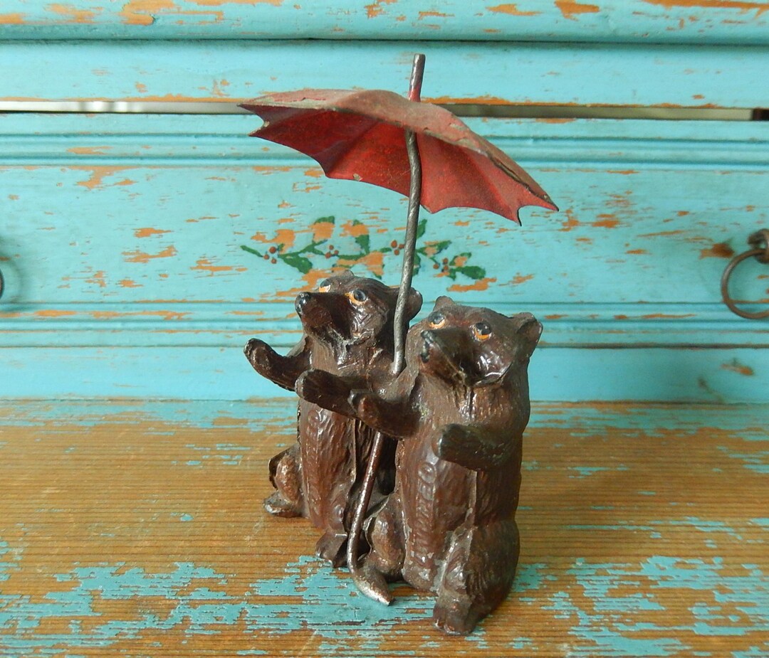 Antique German Metal Bear Figure ~ 2 Bears Sharing A Red Color Umbrella ...