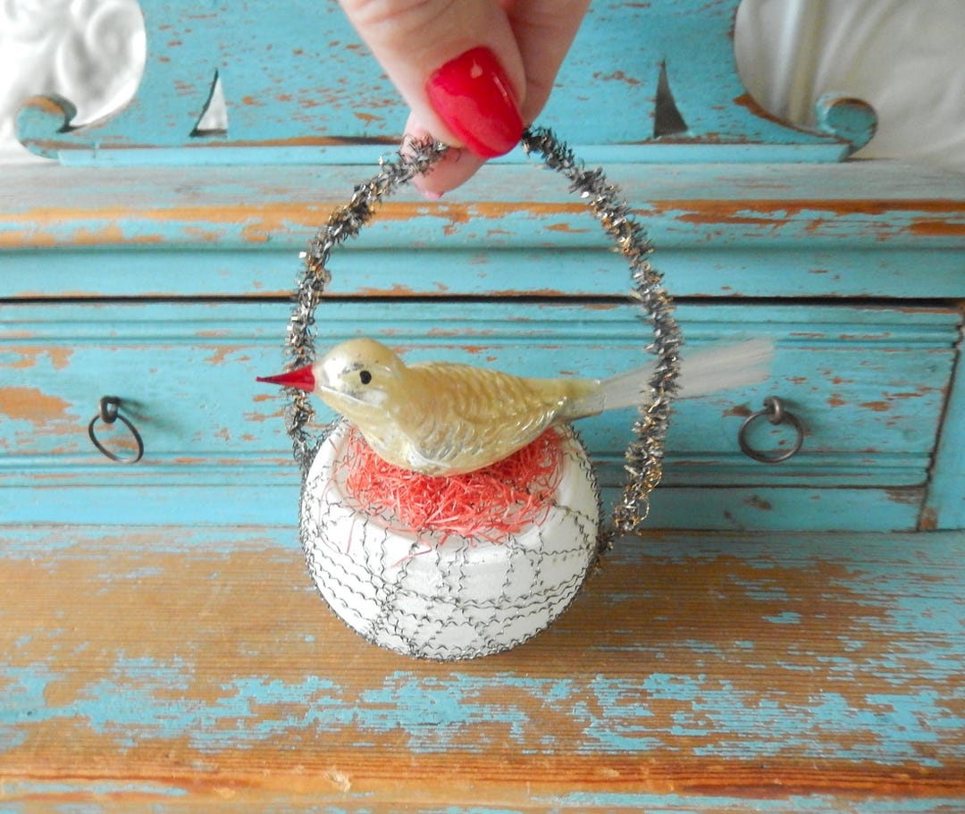 Antique Vintage German Bird Sitting on a Basket Bird Nest With Crimped ...