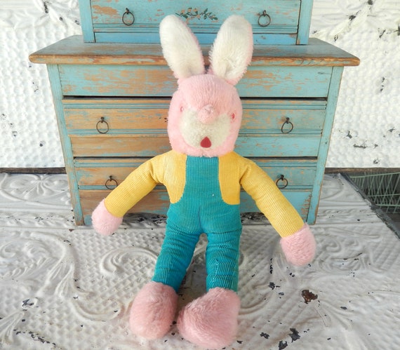 Vintage ~ Pink Stuffed ~ Standing Easter Rabbit ~ With Cute Overalls ...