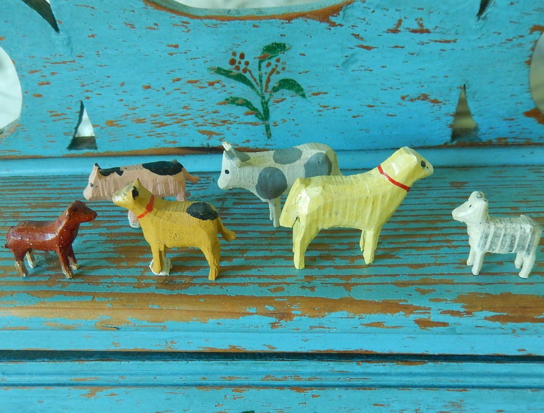 Lot of 6 Antique Erzgebirge Putz Farm or Village Animals German Wooden ...