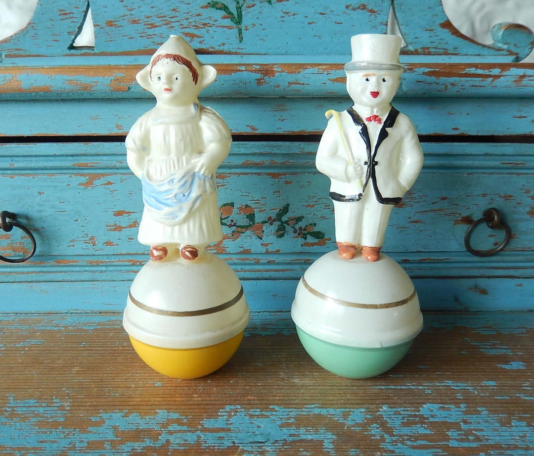 2 Vintage German Celluloid Roly Poly Toys ~ Circus Ring Master & Maiden ...