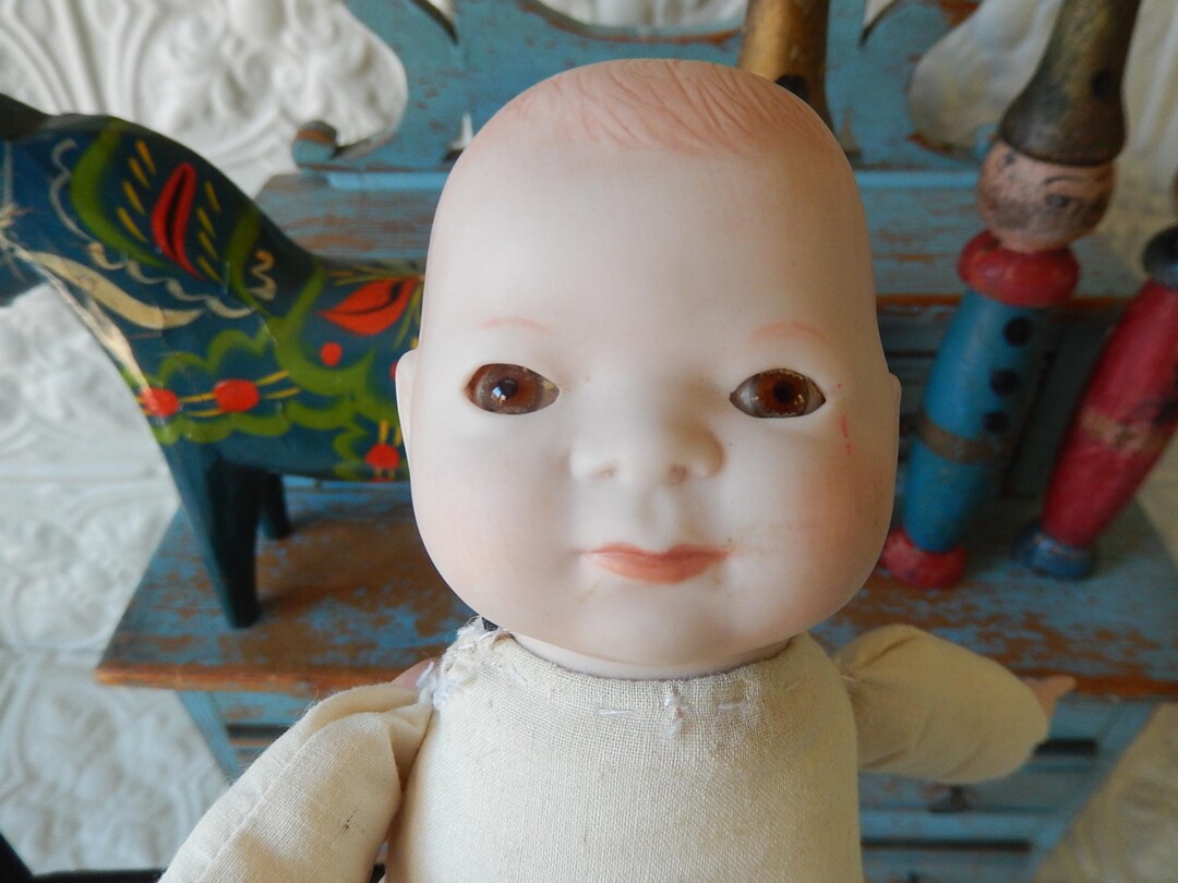 Vintage Baby Doll ~ Bisque Head & Hands ~ Brown Glass Eyes ~ Cloth Body ...