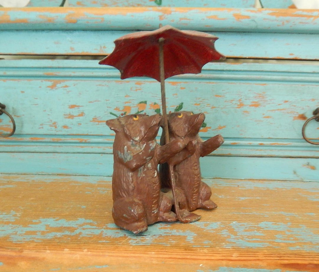 Antique German Metal Bear Figure ~ 2 Bears Sharing A Red Color Umbrella ...