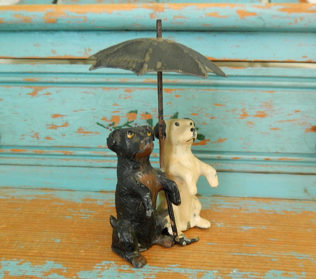Antique Georg Heyde Marked German Metal Sitting Dogs Under Red Umbrella ...