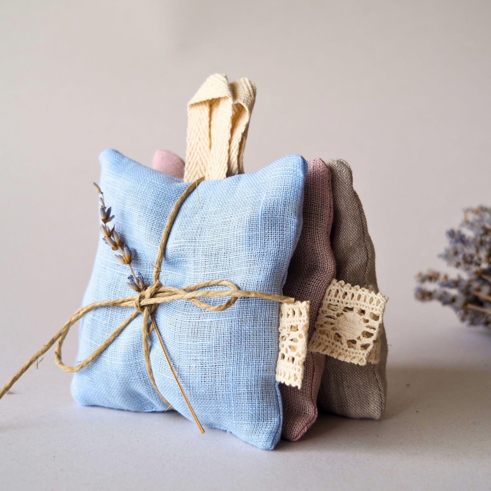 Set of 3 Linen Lavender Sachets Filled With Lavender and Flax Seeds ...