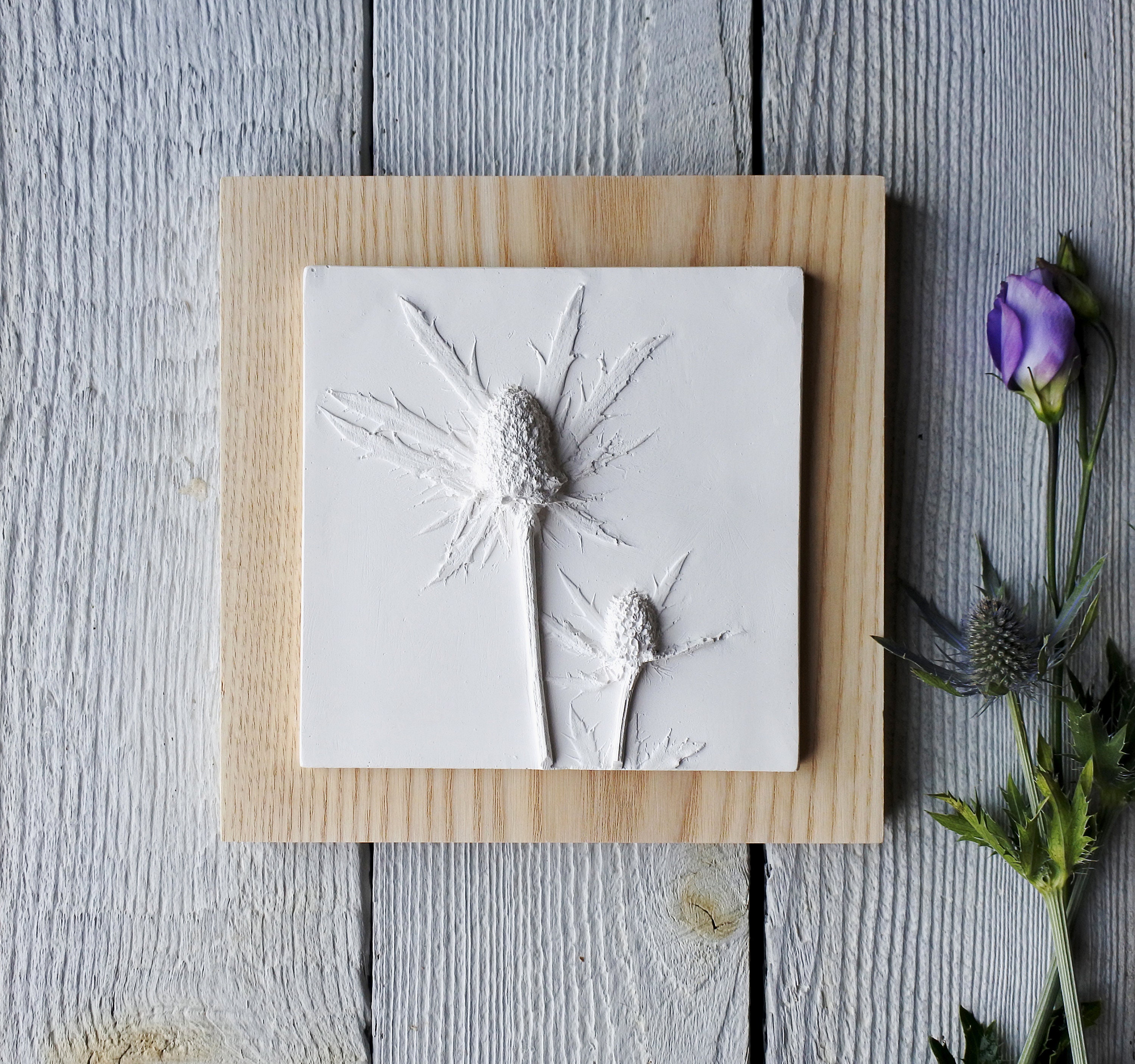 Sea Thistle No.1 Plaster Cast Tile Mounted on Wood, Botanical Art ...
