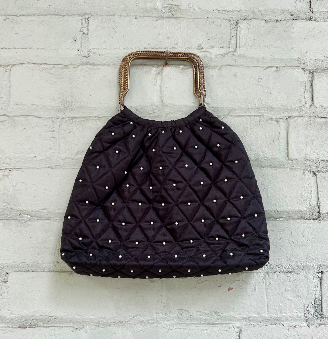 Vintage 1960s Quilted Black Handbag 60s Beaded Evening Bag Mod Fabric ...