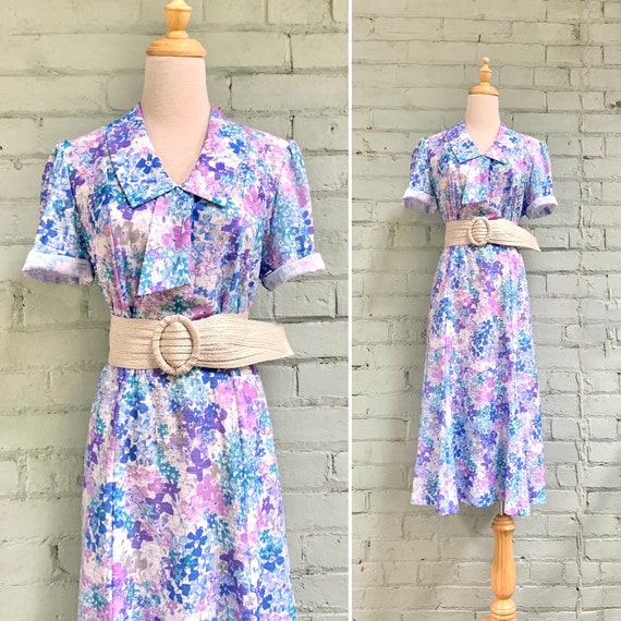 vintage 1980s floral midi dress 80s short sleeve past… - Gem