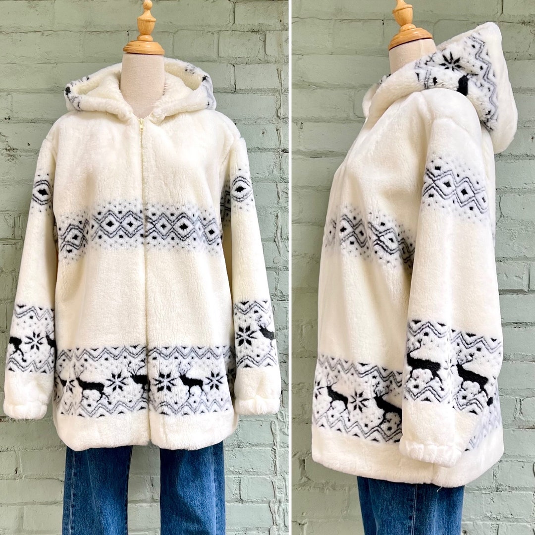 Vintage 1990s Fleece Reindeer Snowflake Plush Parka Coat 90s Faux Fur ...