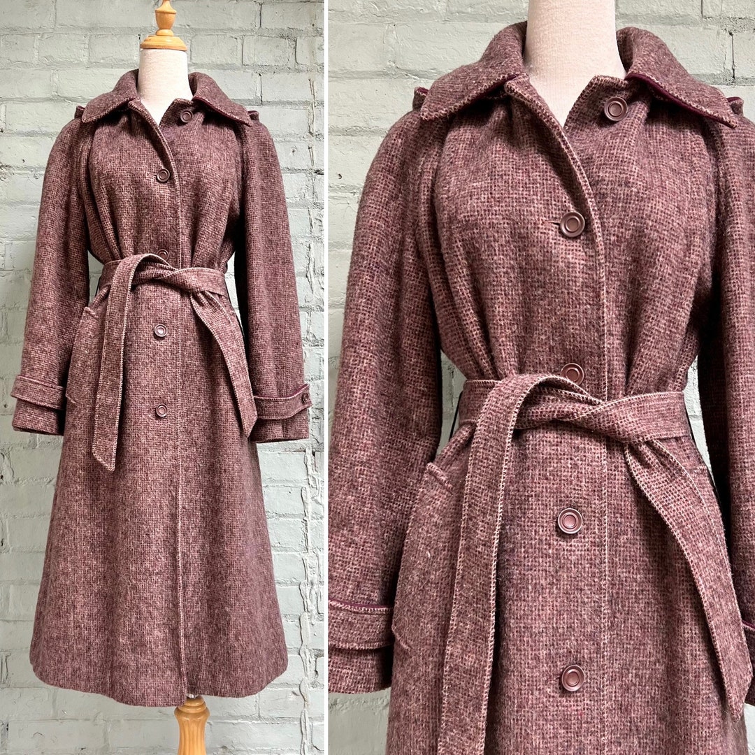 Vintage 1970s Long Wool Coat Belted 70s Tweed Hooded Winter - Etsy