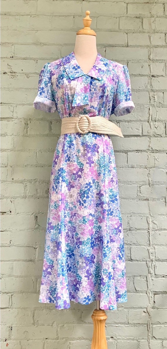 vintage 1980s floral midi dress 80s short sleeve past… - Gem