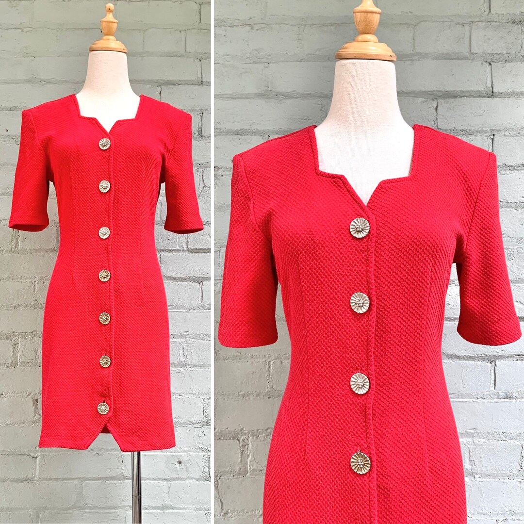 Vintage 1990s Red Button Down Secretary Dress 90s Power Suit Mini ...