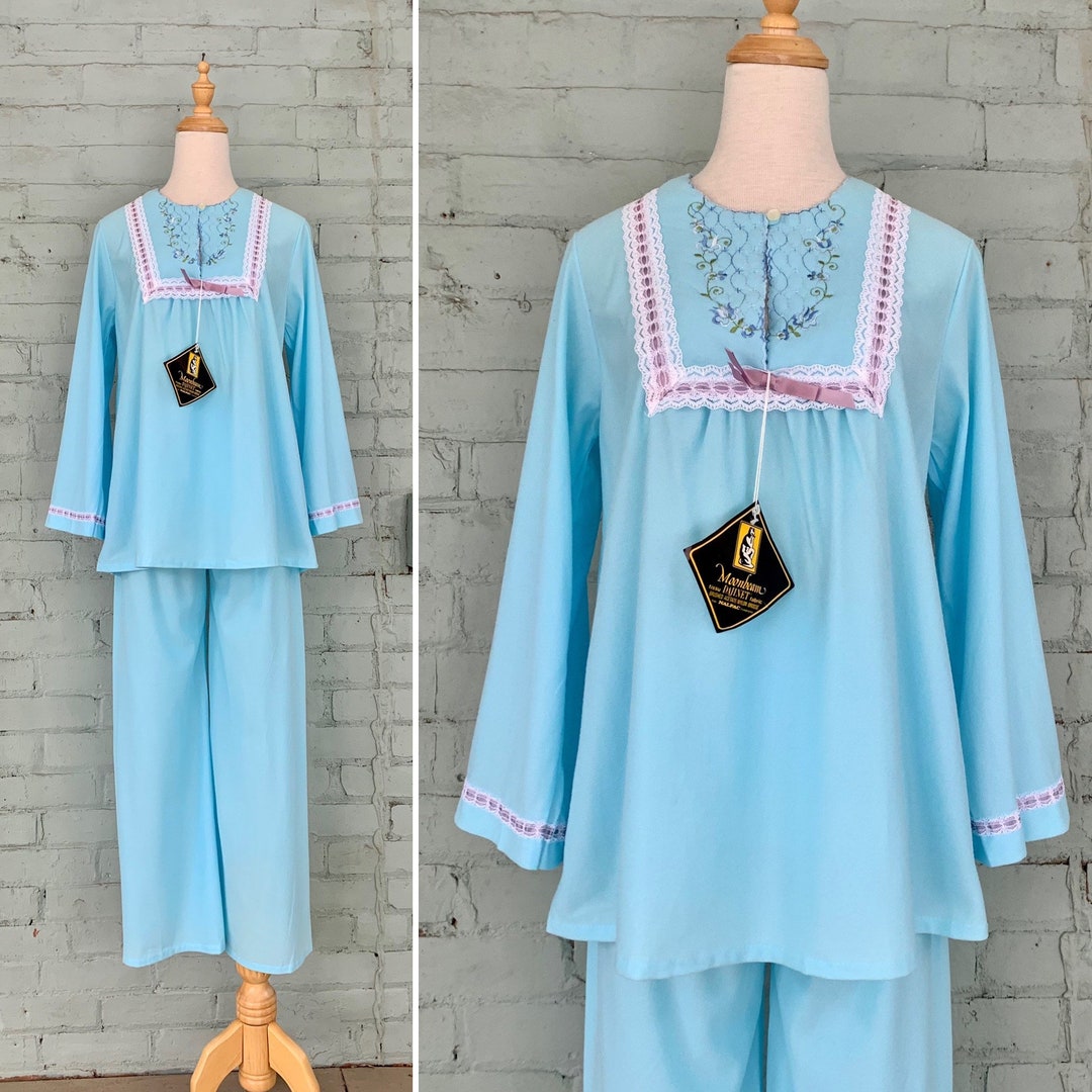 Vintage 1980s Embroidered Pyjama Set Blue 80s DEADSTOCK Floral Pjs ...