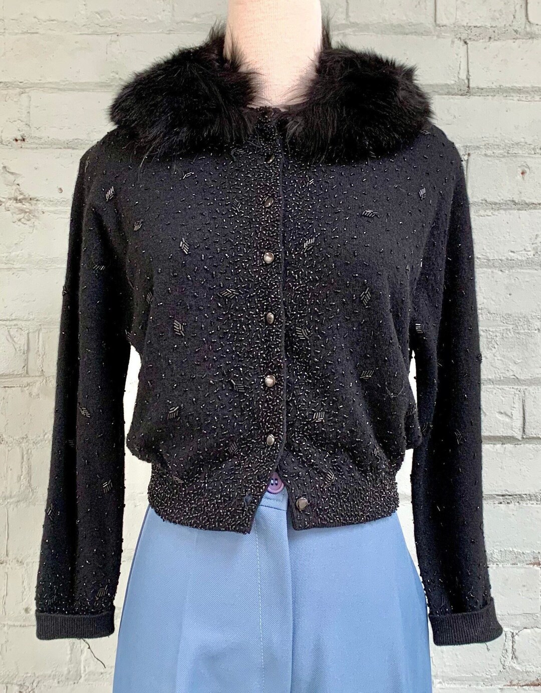 Vintage 1960s Black Beaded Cardigan 60s Faux Fur Collar Button Down ...