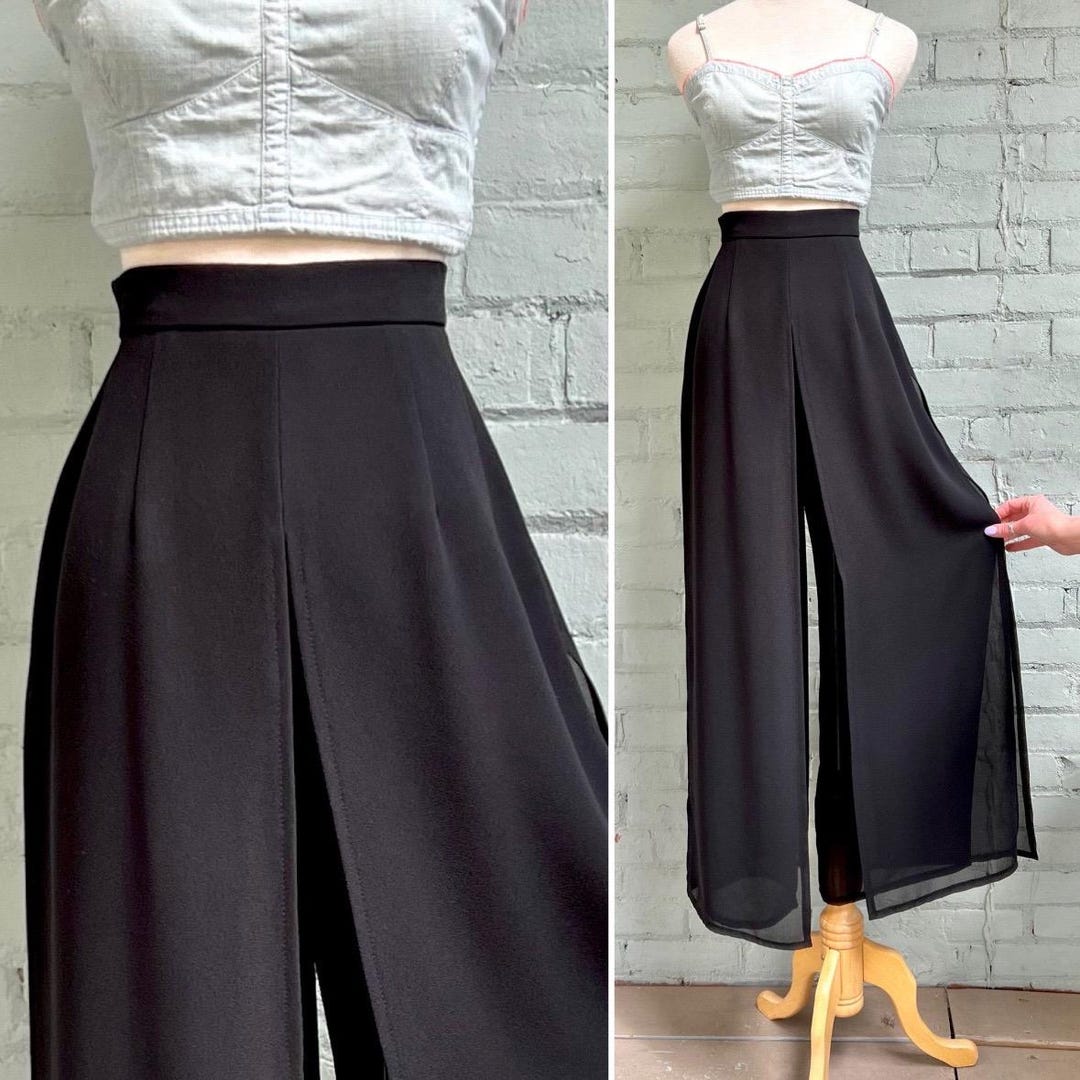 Vintage 1990s Black Palazzo Pants High Waisted 90s Wide Leg Flowy Crepe ...