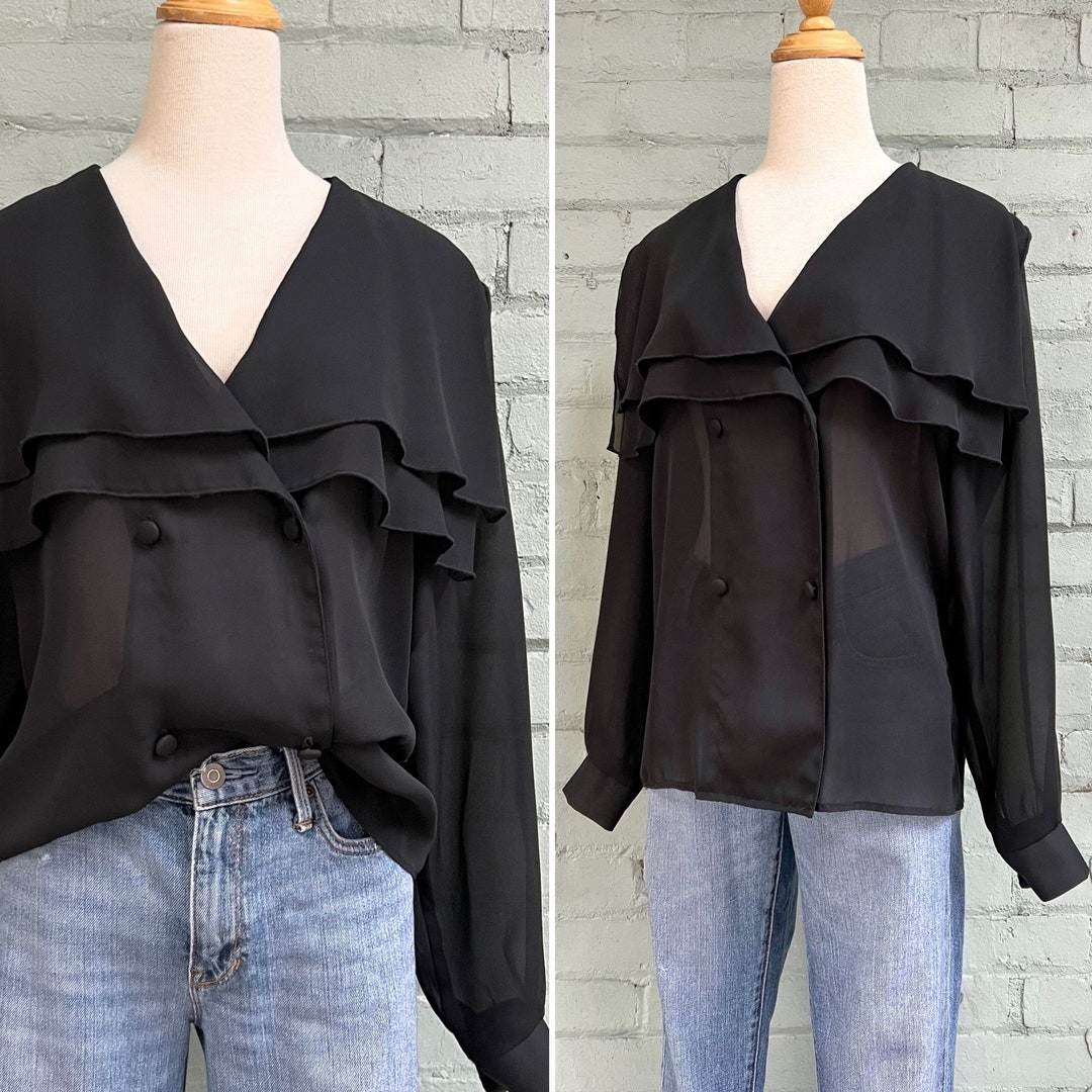 Vintage 1980s Black Flutter Collar Blouse 80s Sheer Ruffle Long Sleeve ...