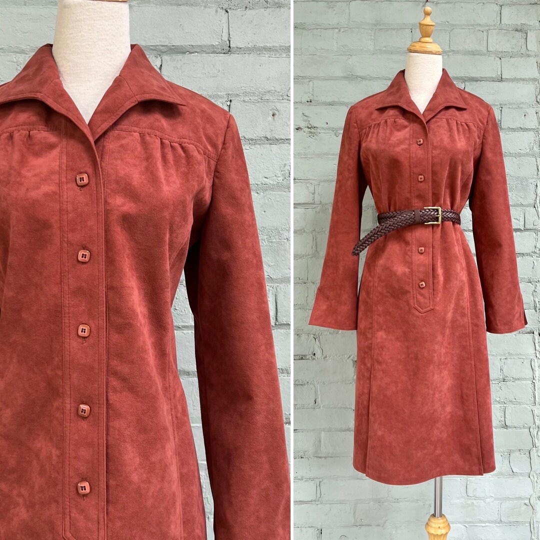 Vintage 1970s Midi Shirt Dress 70s Faux Suede Secretary Dress Mod ...