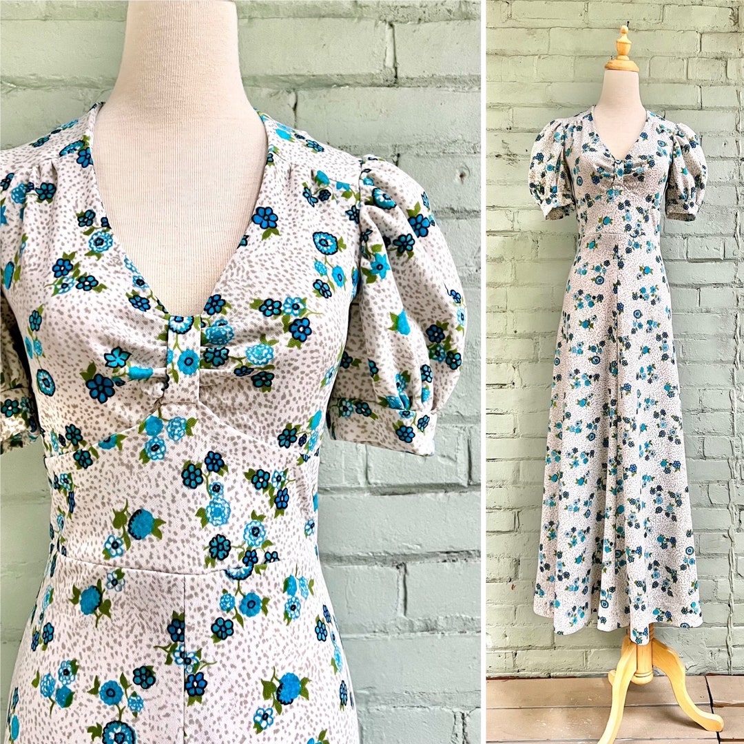 Vintage 1960s Blue Floral Maxi Dress 60s Handmade Boho Prairie ...