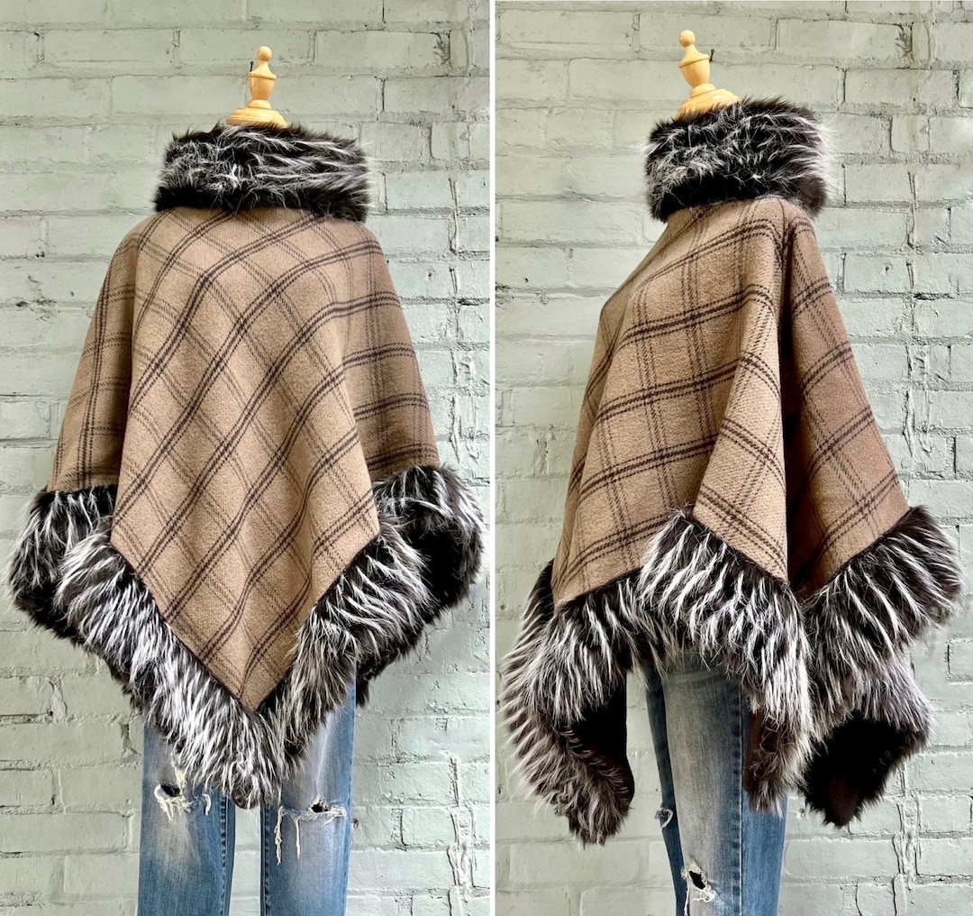 Vintage 1980s Plaid Wool Poncho Boho 80s Blanket Cape Faux Fur - Etsy