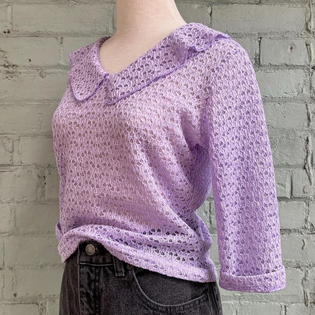 Vintage 1980s Open Weave Peter Pan Collar Top 80s Purple Pastel Fashion ...