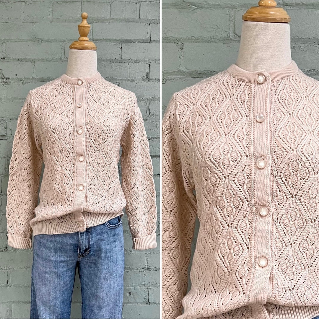 Vintage 1960s Pointelle Knit Cardigan 60s Crew Neck Open Weave Cardigan ...