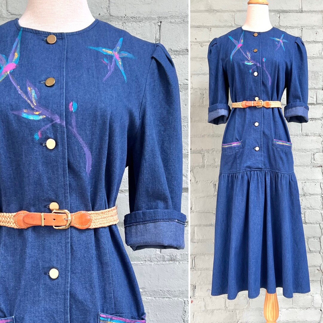 Vintage 90s Denim Midi Dress: Floral Print Cotton Pinafore - Etsy