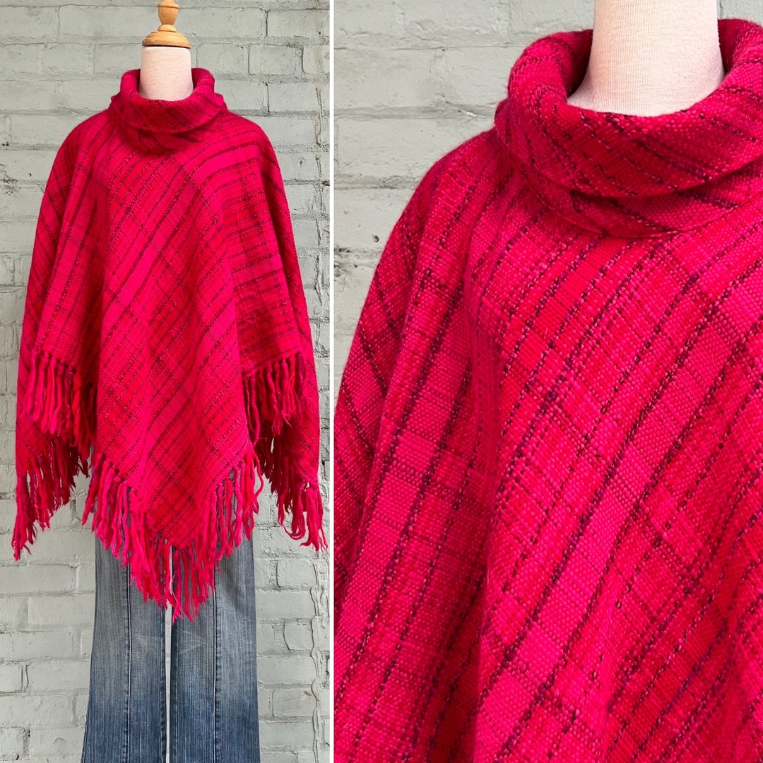Vintage 1970s Wool Woven Poncho 70s Fringe Cape Poncho Popover Knit ...