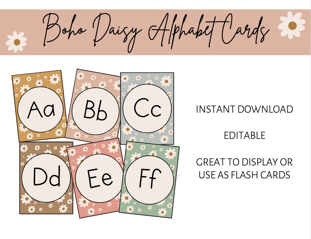 Boho Daisy Editable Alphabet Cards Instant Download - Etsy