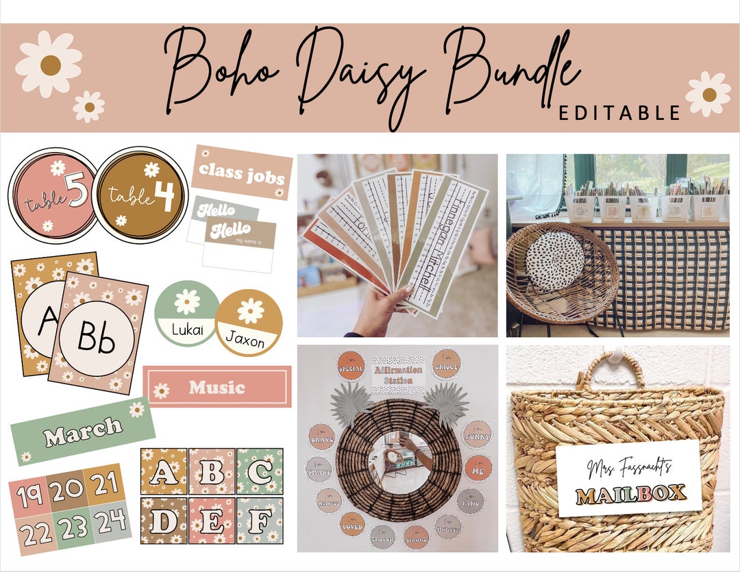 Boho Daisy Classroom Decor Bundle EDITABLE INSTANT DOWNLOAD - Etsy