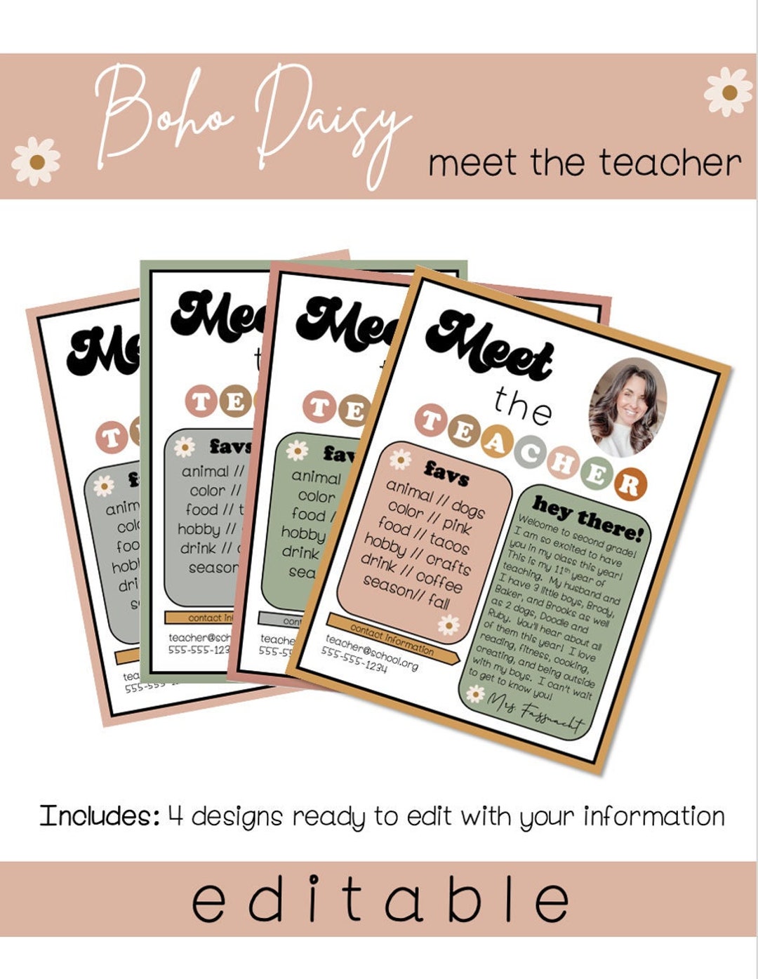 Boho Daisy Meet the Teacher Posters EDITABLE - Etsy