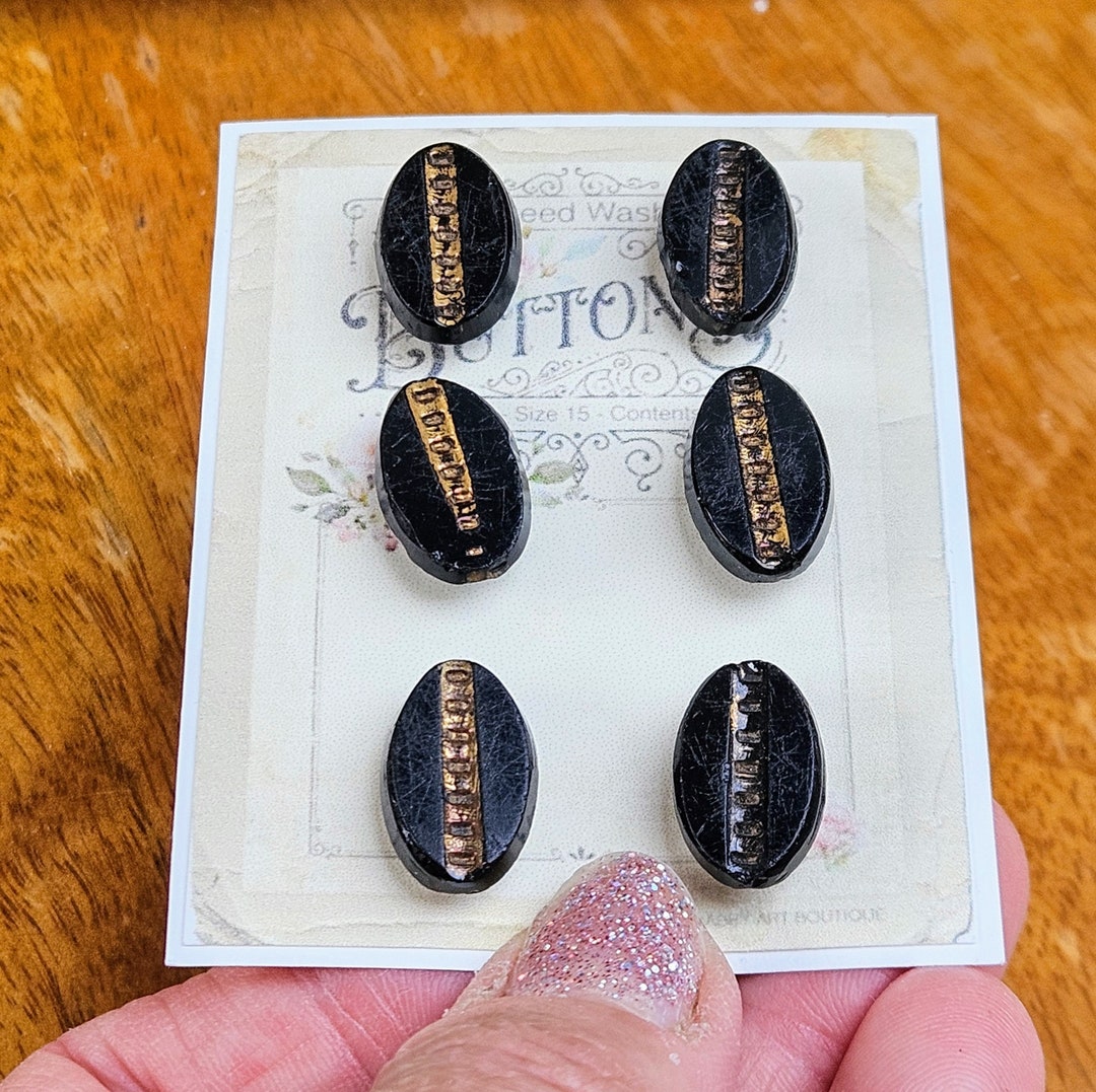 Set of 6 Antique Glass Buttons - Jet Black With Gold Accents - Early ...