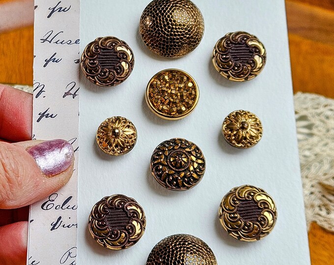 Card of 10 Antique Glass Buttons - Black With Gold Relief - Assorted ...