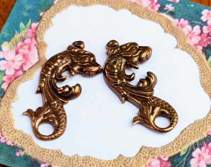 Vintage Brass Metal Stamping - Pair of 2 - Dragon/fish Motif ...