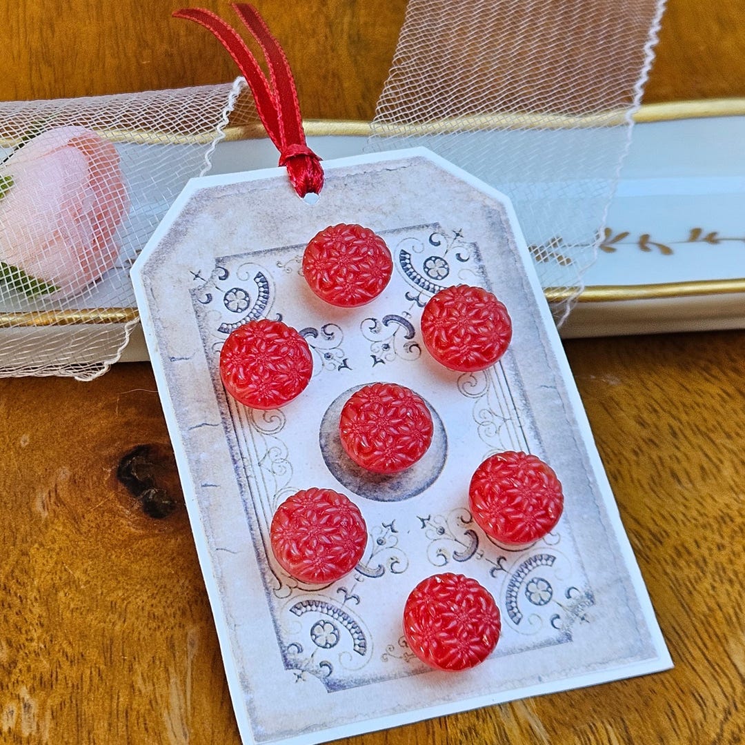 Set of 7 Vintage Czech Glass Buttons - Red Self Shank Buttons - NOS ...