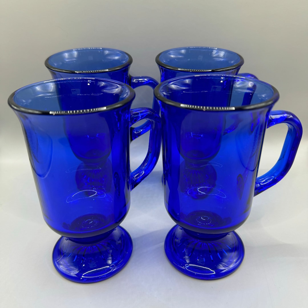 Anchor Hocking Cobalt Blue Irish Footed Coffee Mugs, Set of 4, From the ...