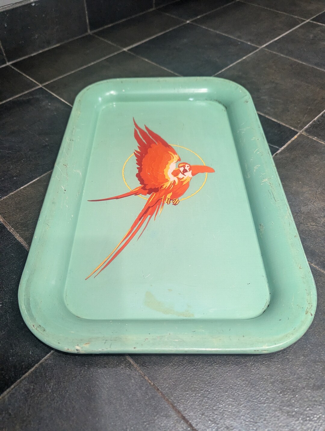 1950s Enamel Metal Serving Lap Tray Mint Green With Red Orange Yellow ...