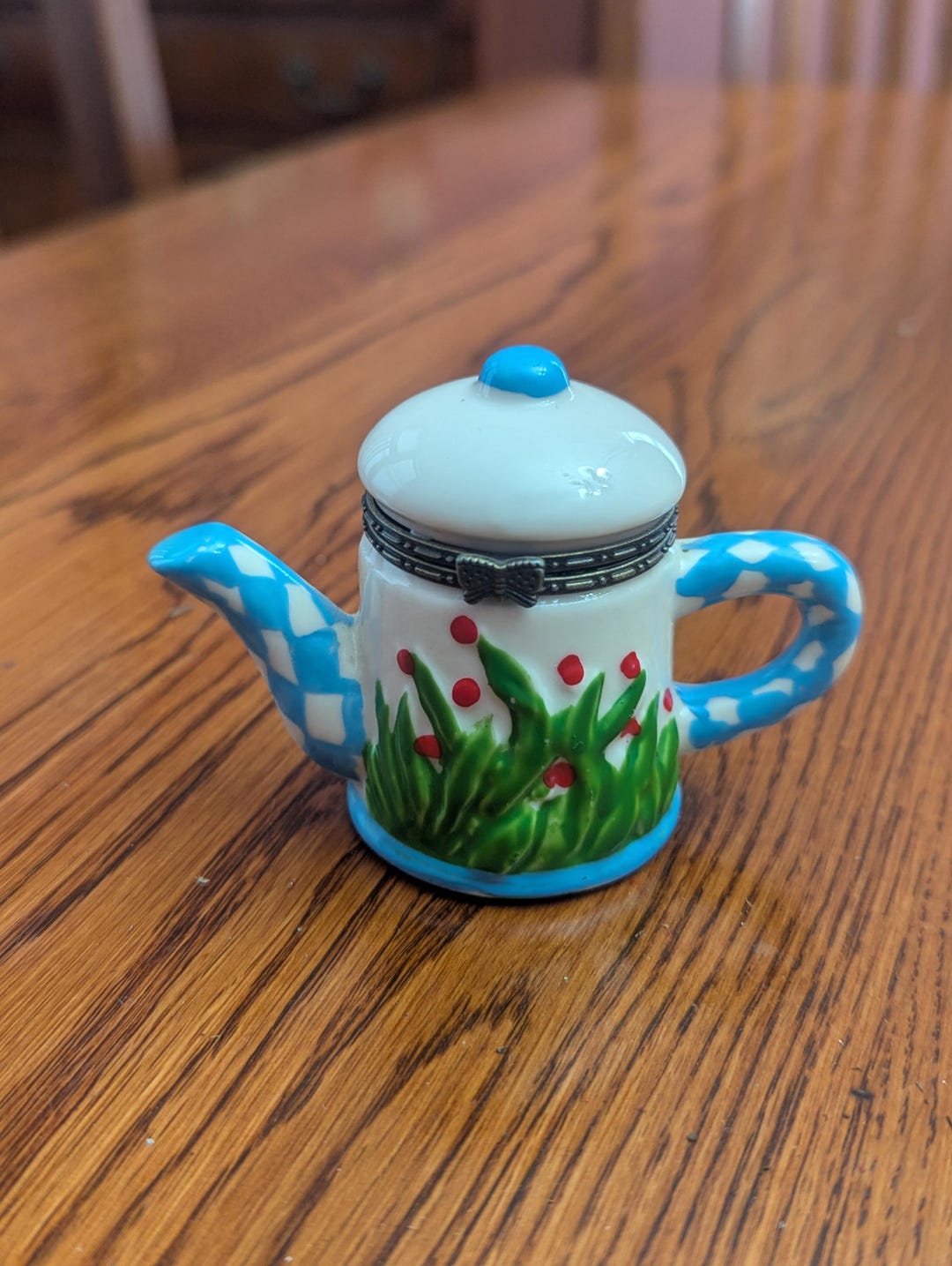 Vintage Teapot Trinket Box: Blue Gingham Handle, Floral Design - Etsy