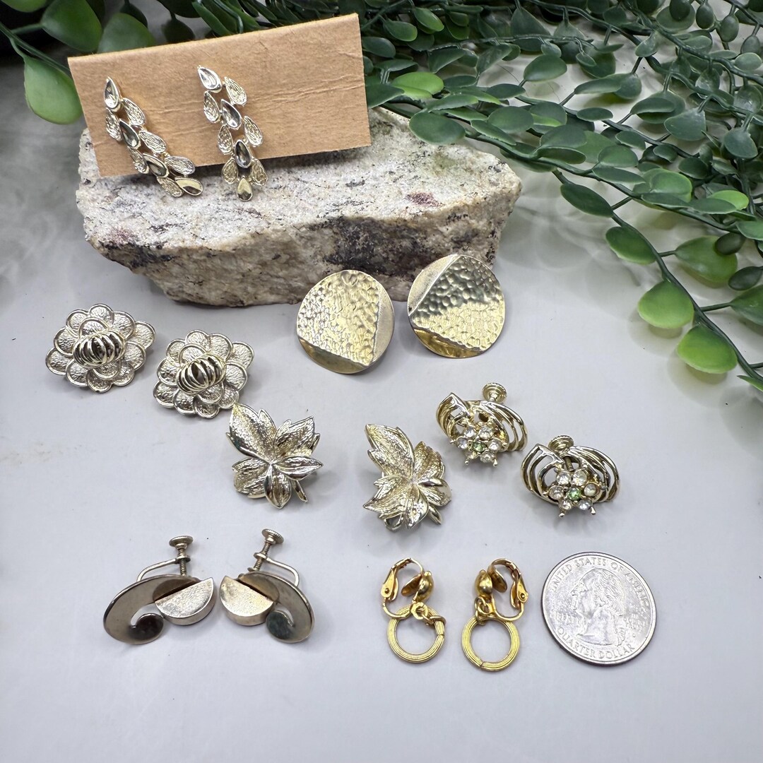 Vintage Gold-tone Clip-on Earring Lot - 7 Pairs of Exquisite Character ...