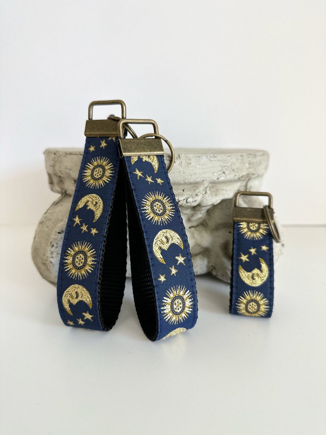 Celestial Key Fob / Dark Blue / Gold Moon and Sun / Antique Brass ...