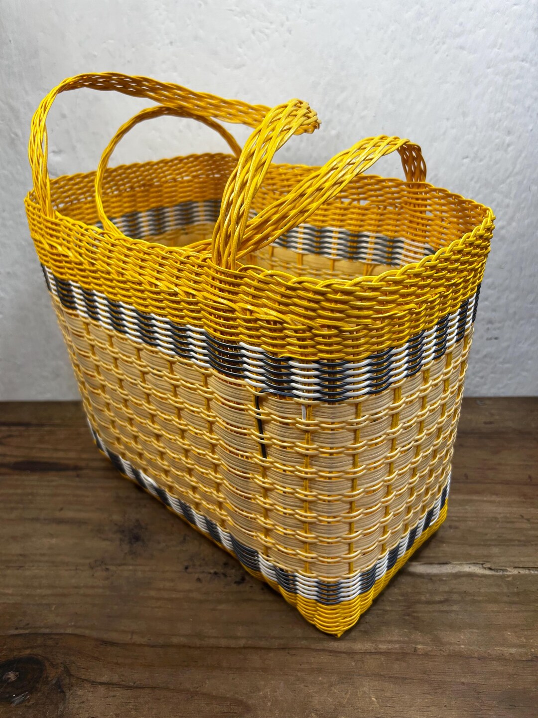 Woven Guatemalan Yellow and Cream Plastic Market Basket Strong ...