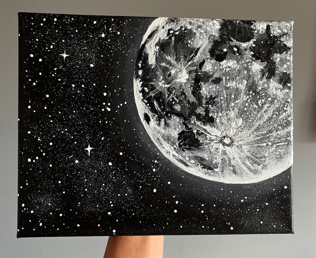 Moon and Stars Acrylic Painting moonscape artwork Black and white ...