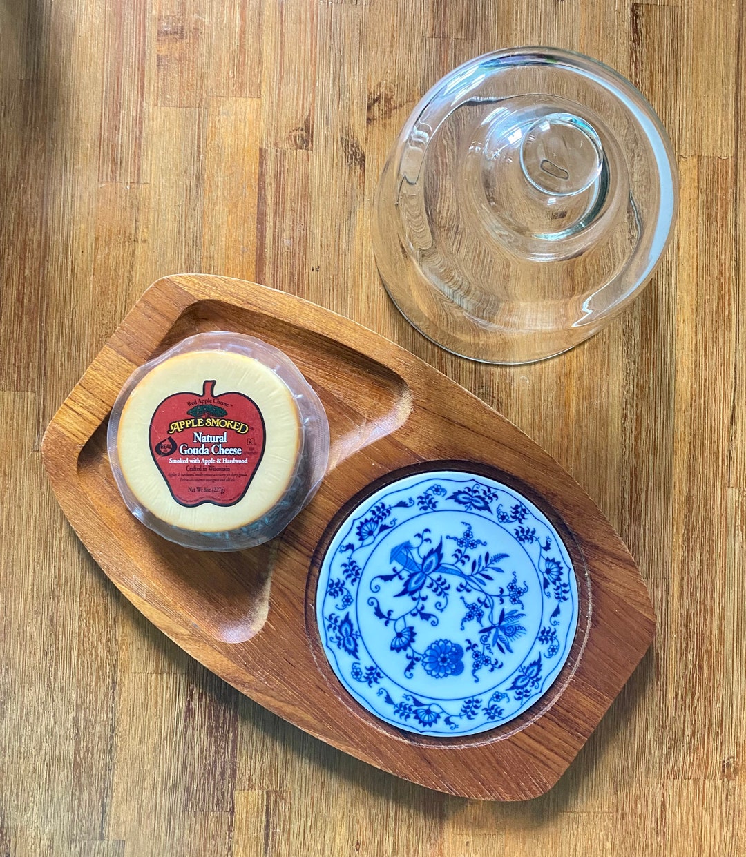 Mid-century Modern Dolphin Teakwood Blue Danube Cheeseboard With Glass ...