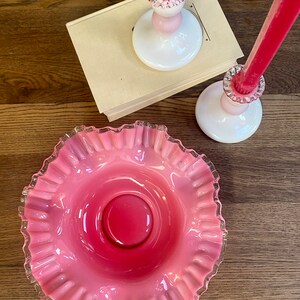 Fenton Peach Crest Ruffle Bowl/pair of Candlestick Holders, 1940s ...